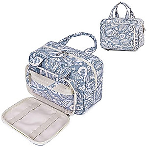 Narwey Full Size Toiletry Bag Women Large Makeup Bag Organizer Travel Cosmetic Bag for Essentials Accessories (Blue Leaf)