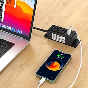 Power Strip with USB, BTU Desktop Power Outlet with 2 AC Outlets, 2 USB Ports, 6.56ft Extension Cord, Mountable Under Desk, Workbench, Nightstand, Dresser, Table, Black