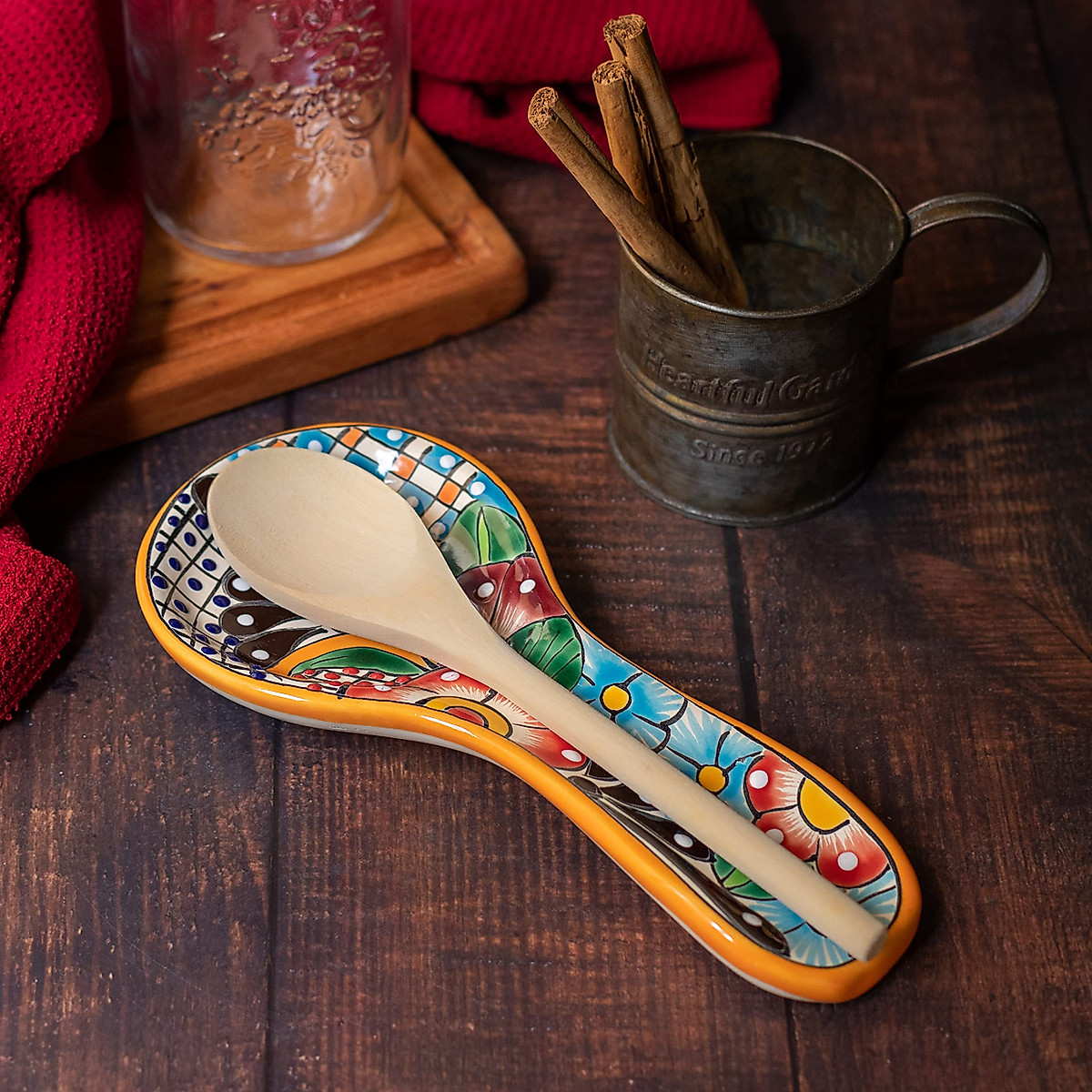 Colorful Ceramic Spoon Rest – Hand-Painted Large Talavera Kitchen Utensil Holder for Counter & Stove Top in Gift Box - Dishwasher Safe Lead Free Cooking Ladle Dish Mexican Style Cuchara Multicolor