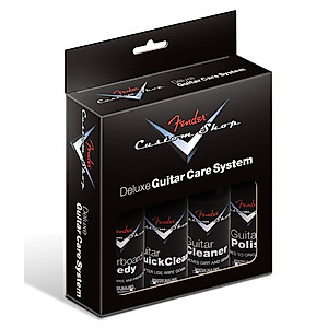 Fender Guitar Super Care Kit Bundle with Speed Stick String Cleaner, Custom Shop Deluxe Guitar Care System 4 Pack, Super-Soft Dual-Sided Microfiber Cloth, and Fender Factory Microfiber Cloth