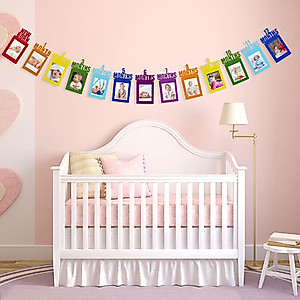 1st Birthday Banner for Boys Girls Party Decoration, Custom Banner for Baby with Photo from Newborn to 12 Months, Monthly Milestone Photograph for First Birthday Party