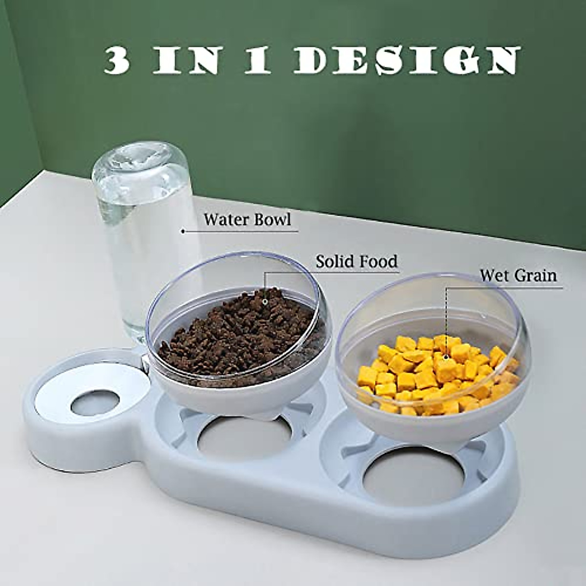 JiangYanus Raised Cat Bowls, 15° Tilted Cat Puppy Food and Water Bowl Set with Automatic Water Dispenser Bottle Cat Dish for Cat Small Medium Dogs (Green)