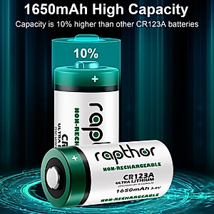 rapthor CR123A Lithium Batteries 1650mAh High Power UL Certified 3V Non-Rechargeable Battery with Built-in PTC for Flashlight Toys Alarm System Microphones (Not for Arlo) (20)