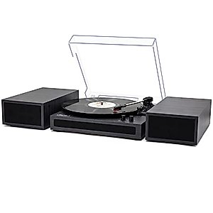 LP&No.1 Vinyl Record Player with Stereo Bookshelf Speakers, Vintage Wood Finish, 3-Speed Belt-Drive Turntable with Wireless Input Playback Mode, RCA Output, Auto Stop | Black Gray