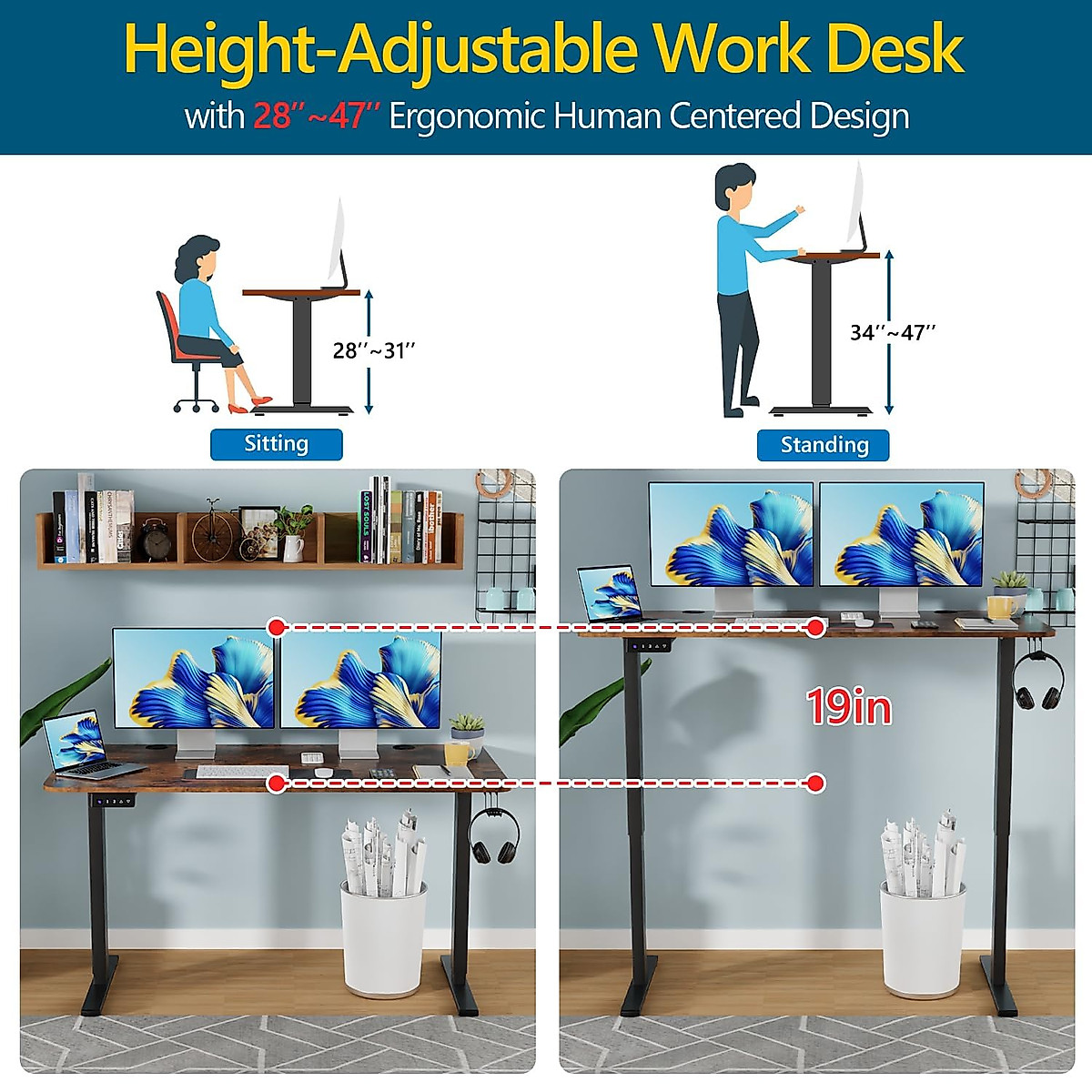 Adjustable Height Computer Workstation - Electric Lifting Sit Stand Desk, Rising Computer Table That Raises Up and Down for Home Office