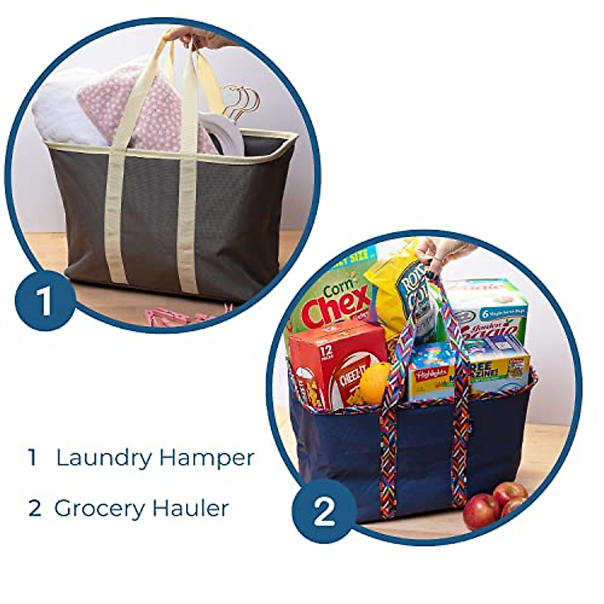 KITLIFE - Pop Up Laundry Tote –Collapsible Laundry Basket–Versatile Fabric Laundry Basket / Car Organizer / Grocery Bag, Navy