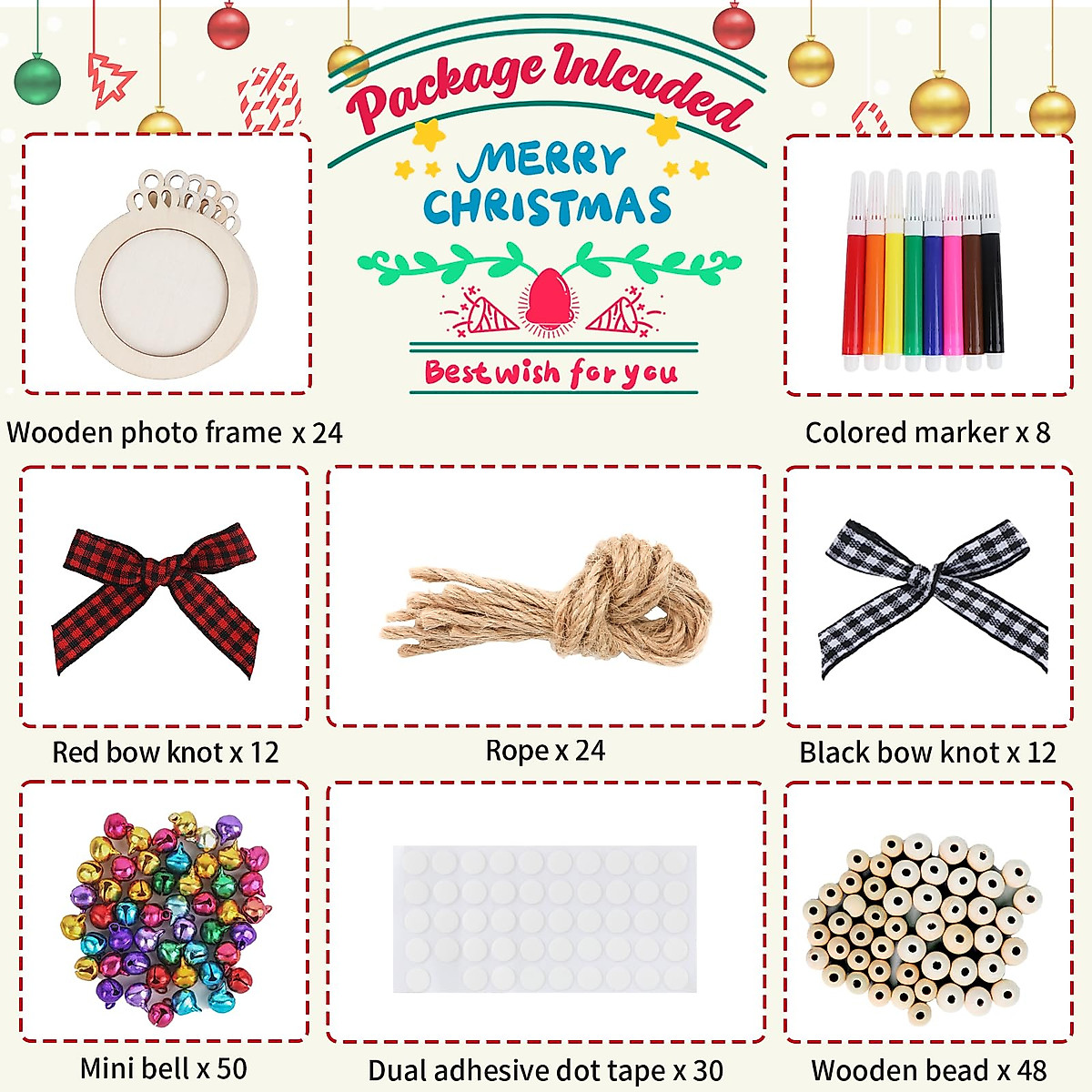 OurWarm 24Pcs Christmas Picture Frame Ornament DIY Wooden Photo Ornaments for Christmas Tree, 2023 Unfinished Personalized Hanging Christmas Ornaments for Xmas Holiday Presents Tree Decorations