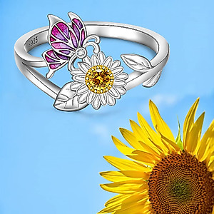 Fenthring Daisy Ring Butterfly Gifts for Women Flower Jewelry Sunflower Sterling Silver Engagement Dainty Cubic Zirconia Cute Rings Size 7