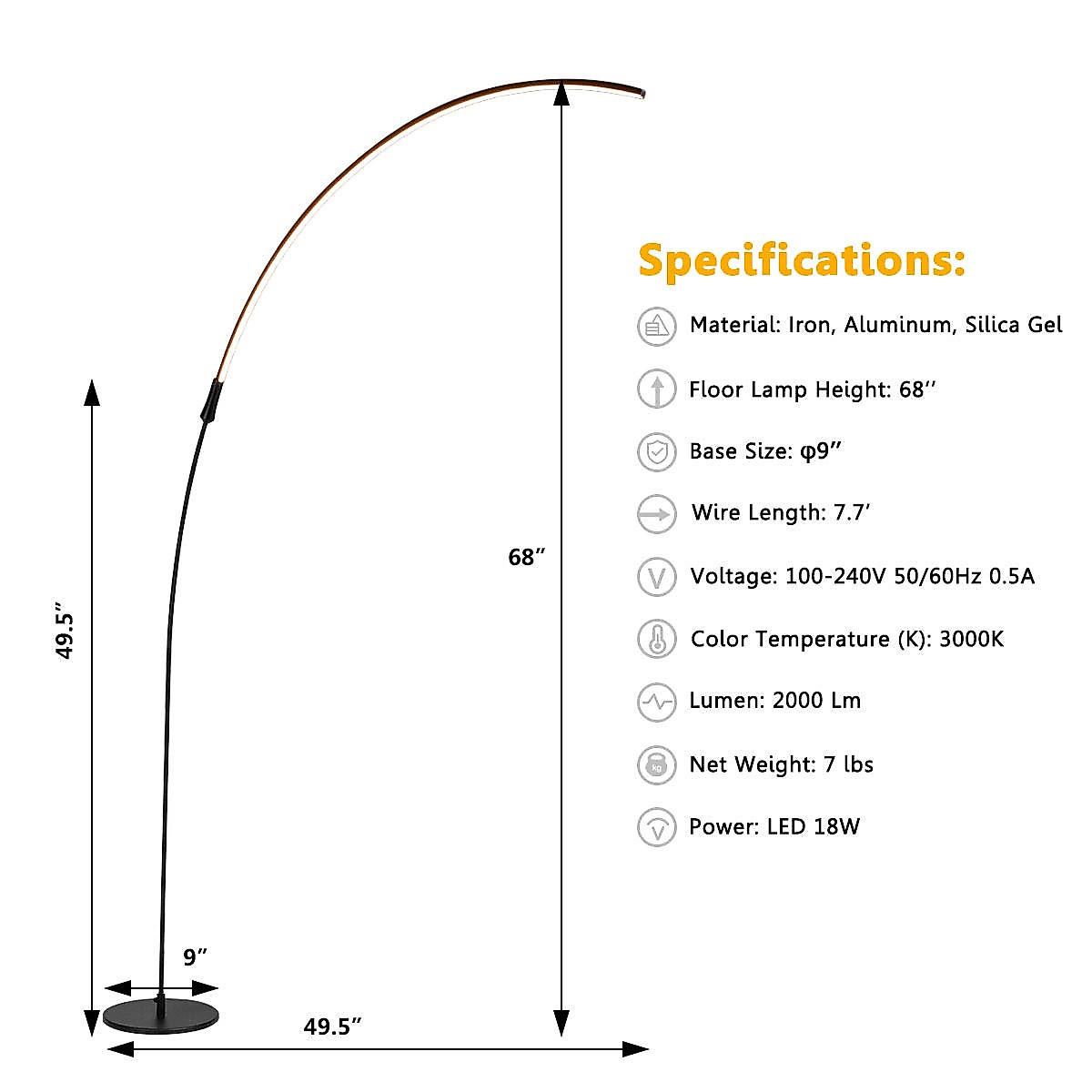 Tangkula LED Arc Floor Lamp, Curved Contemporary Minimalist Standing Lamp with 3 Brightness Levels, Modern Dimmable Adjustable Tall Reading Light, 3000K Warm White (Black)