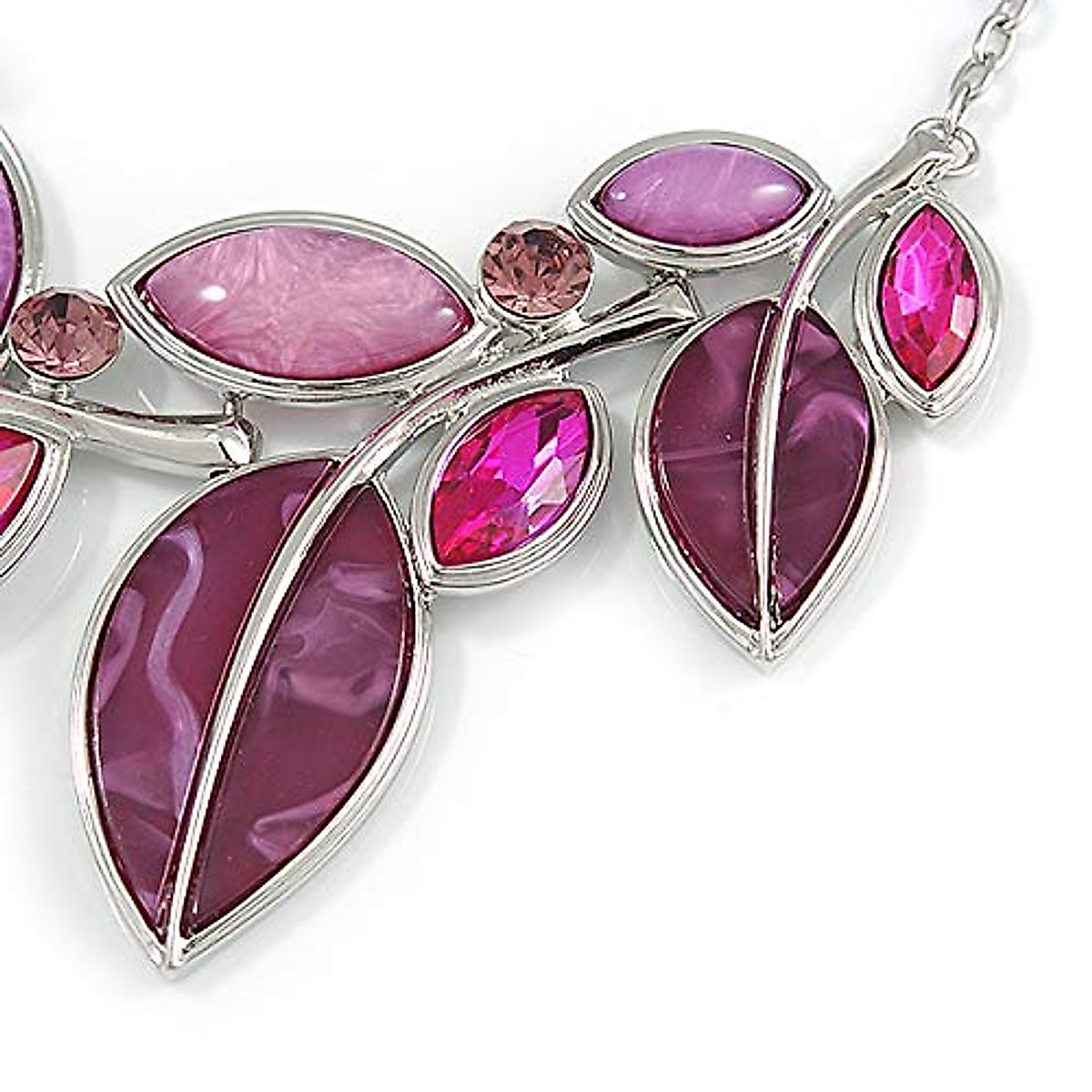 Avalaya Statement Purple/Magenta Glass, Crystal Leaf Necklace and Drop Earrings In Rhodium Plating - 40cm L/ 8cm Ext