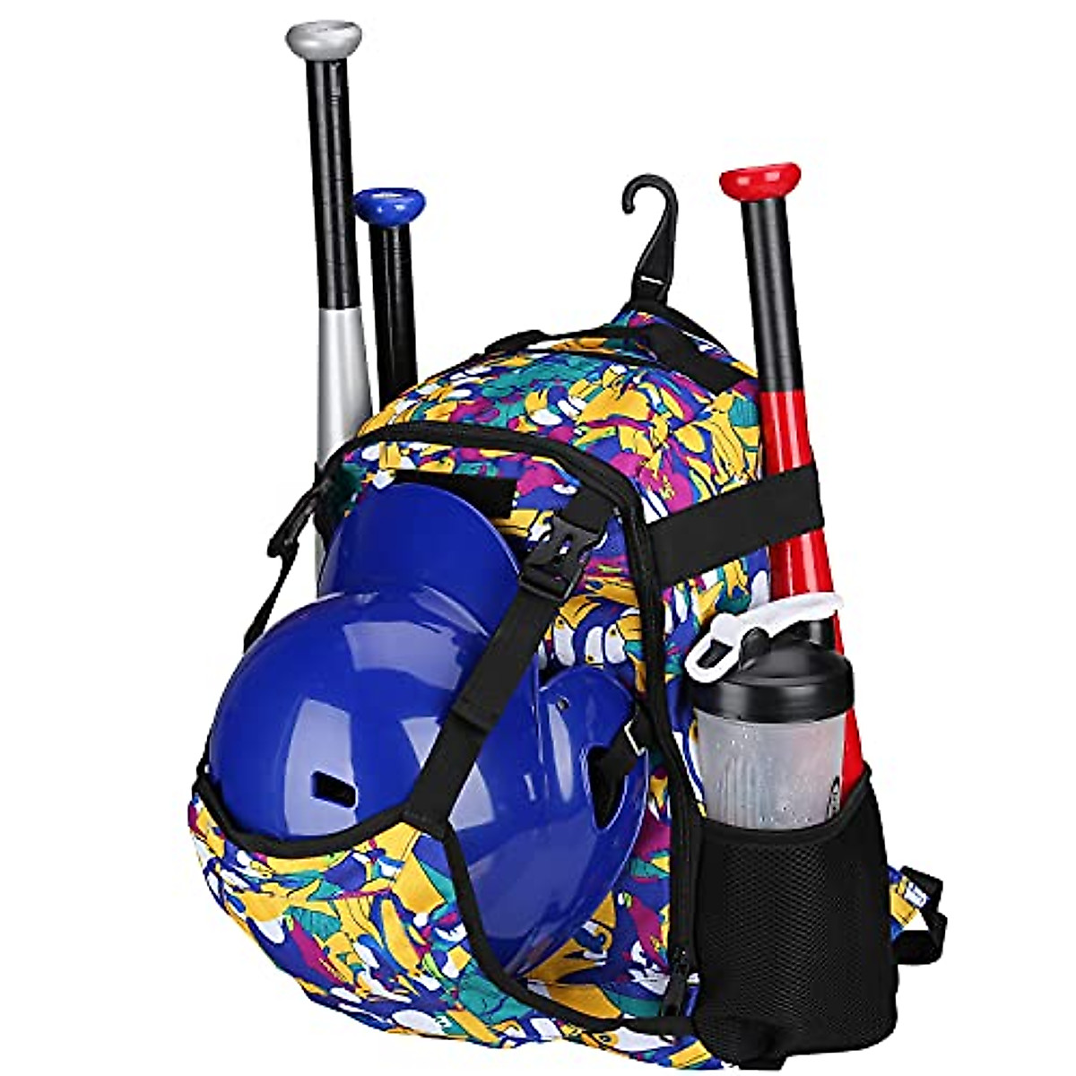 ZOEA Baseball Bat Bag Backpack, T-Ball & Softball Equipment & Gear for Youth, Large Capacity Holds 2 Bats, Helmet, Gloves, Cleats, Helmet Holder and Includes Fence Hook (Purple)