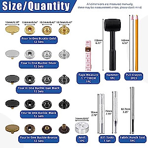 Glarks 60 Sets Leather Snap Fasteners Kit, 15mm 6 Colors Metal Snap Buttons Press Studs with 7Pcs Setting Tools, Hammer, Grease Pencils and Tape Measure for DIY Leather Craft, Clothes, Bags
