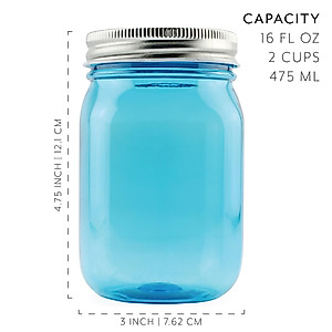 Cornucopia Brands 16oz PLASTIC Mason Jars (8-Pack, Blue w/Silver Metal Lids); PET BPA-Free Mason Jars w/One Piece Lids, 2-Cup/Pint Capacity