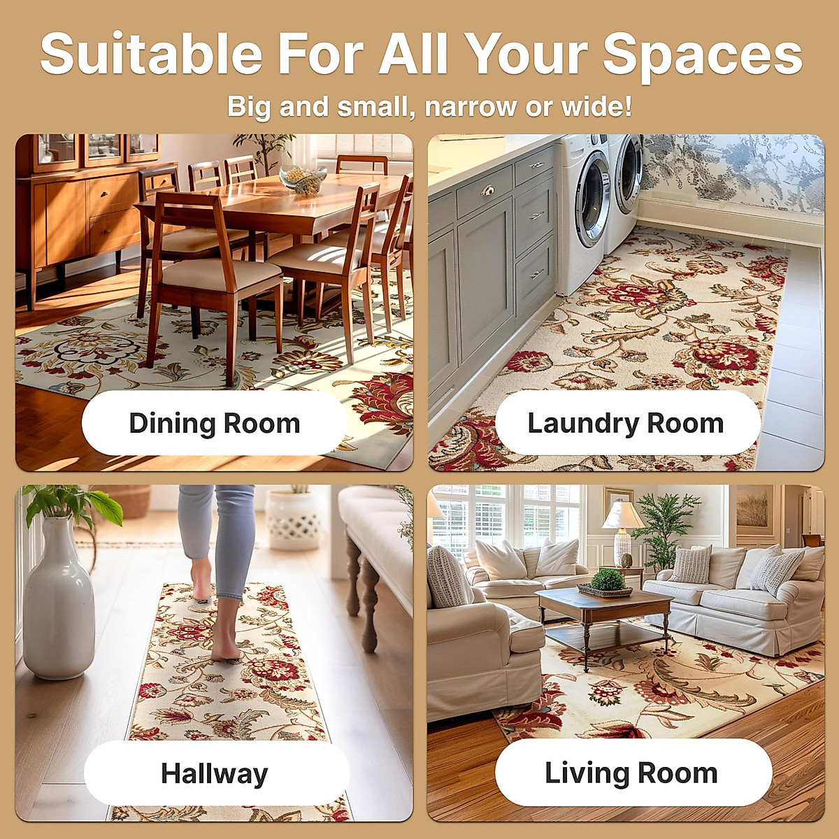 Well Woven Barclay Collection Ashley Oriental Ivory 2x7 Runner Rug - for Hallways, Kitchens, and Entryways