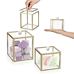 Hipiwe 2 Pack Glass Qtip Holder Dispenser With Lid Gold Bathroom Containers for Cotton Balls Makeup Sponges Bath Salts Candles Vanity Canisters Countertop Storage Organizer Jar