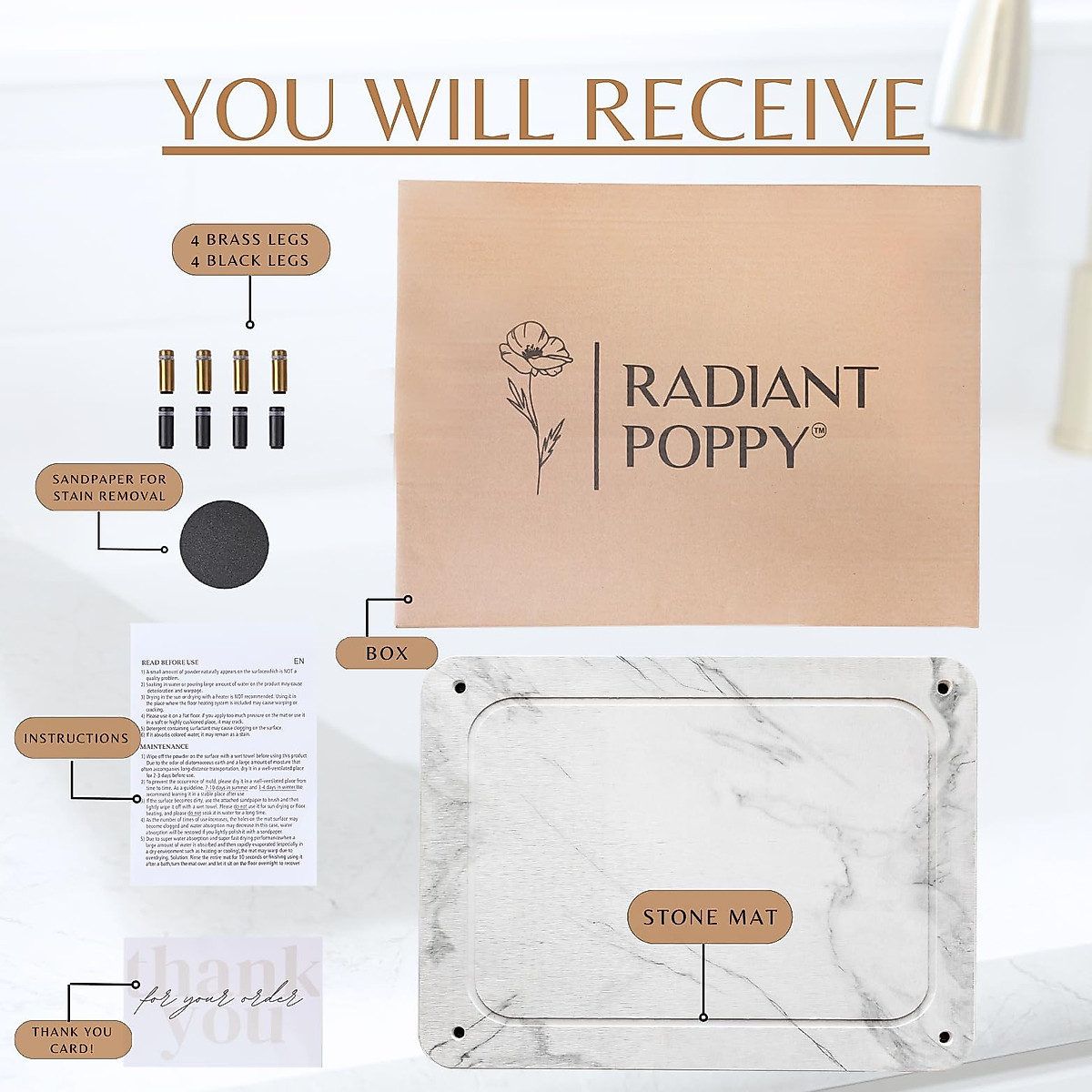 Radiant Poppy | Stone Drying Mat for Kitchen Counter | Stone Dish Drying Mat w/4 Interchangeable Brass & Black Legs | Dish Drying Stone for Kitchen Counter | Quick Dry Stone Sink Tray