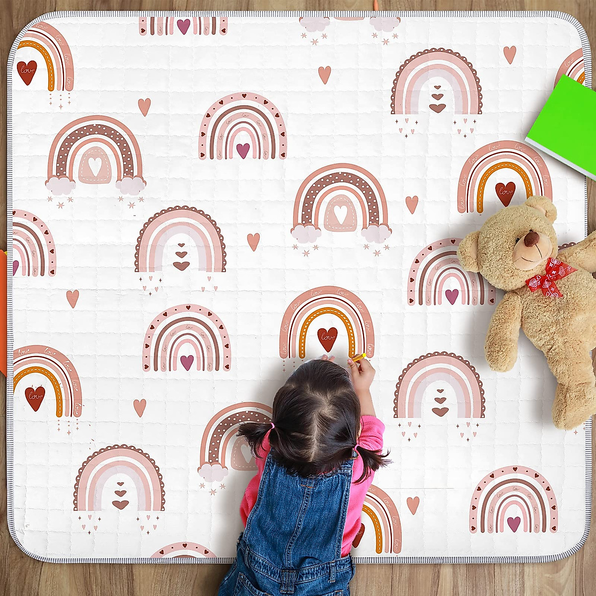 Boho Rainbow Portable Baby Play Mat, 43 x 43 Inch Washable Foldable Crawling Mat, Non Slip Playmat for Babies, Kids Play Mats Pad for Floor Playpen Toddler Infants Tummy Time Activity