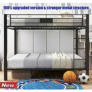 Ninowokc Latest Upgraded & Stronger Metal Queen Bunk Bed, Thicken Heavy Duty Steel Bunk Queen Bed Frame with Guardrails & Ladder for Kids Adults Teens Boys Girls, Easy to Assemble (Queen Over Queen)