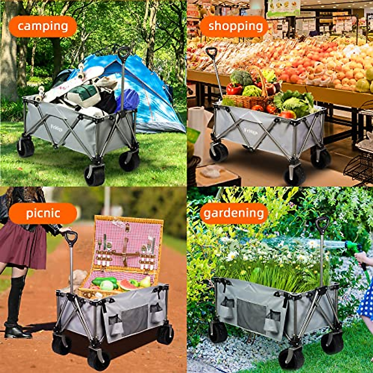 FRITIGA Collapsible Wagon Cart, with Side Bag - Folding Beach Wagon for Sand, Heavy Duty Foldable Utility Shopping Carts on Big All-Terrain Wheels, Outdoor Garden Portable Wagon