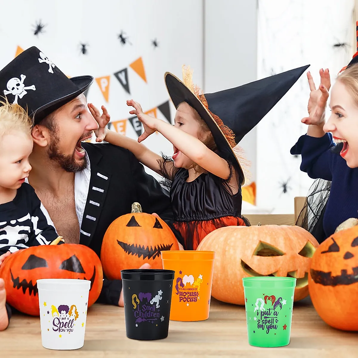 Ainibar Halloween Party Cups - Set of 20 Orange,White,Black and Green 16oz Stadium Cups,Perfect for Hocus Pocus Halloween Party Supplies, I Smell Children Holiday Witches Halloween Party