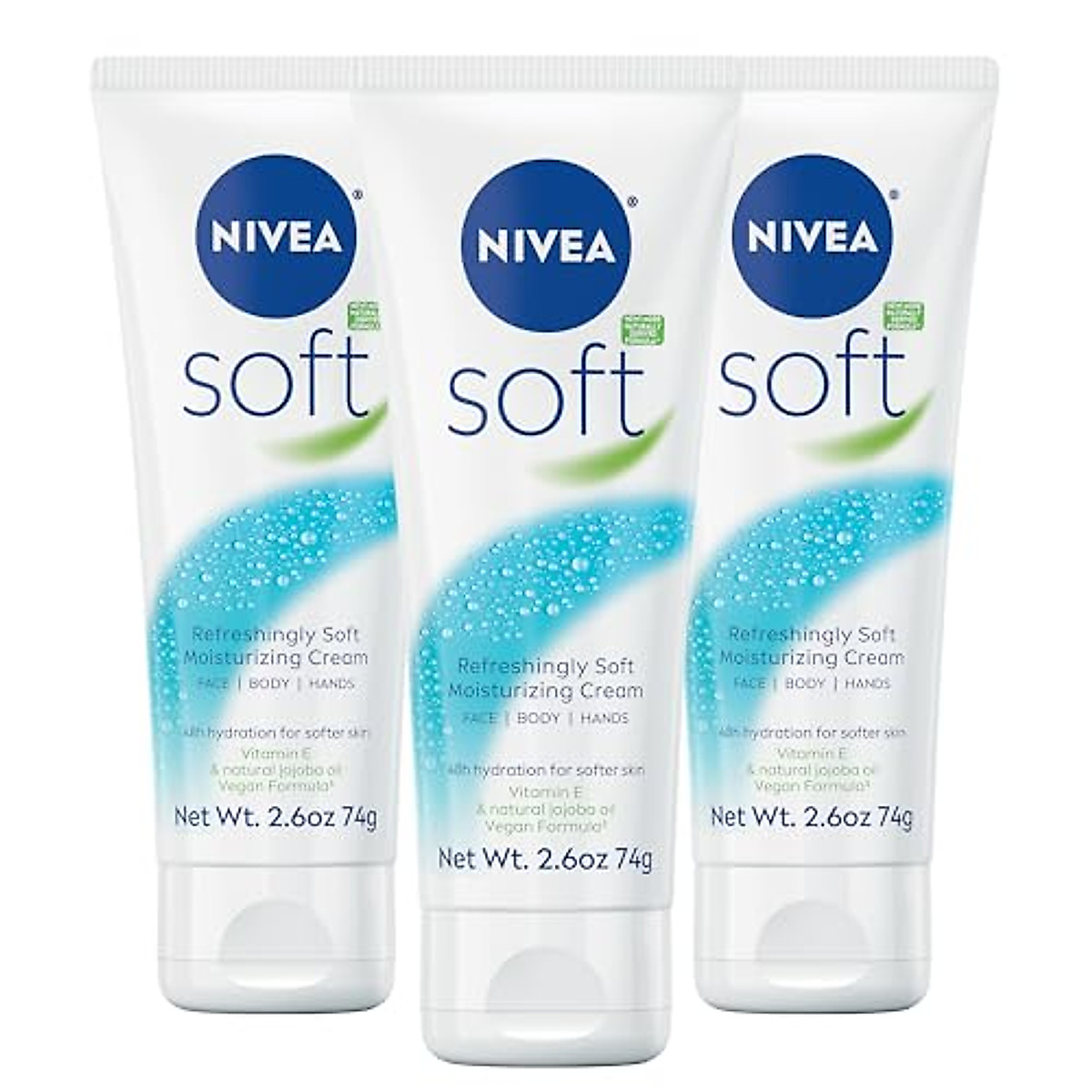 NIVEA Soft Refreshingly Soft Moisturizing Cream, Lightweight Moisturizer for Face, Body and Hands, Body Cream Enriched with Jojoba Oil and Vitamin E, 2.6 Oz Tube, Pack of 3