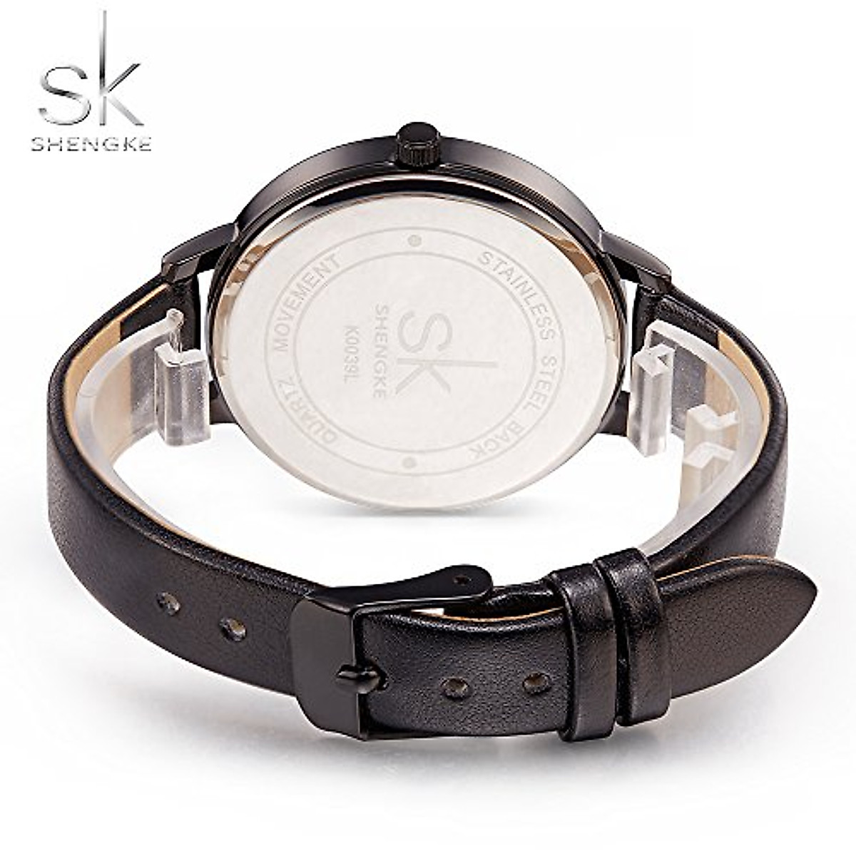 SHENGKE Simplicity Creative Women Watch Genuine Leather Elegant Women Watches Ladies Business Wristwatch (K0039-Black-Genuine Leather)