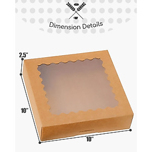 qiqee Auto-pop up Brown Pie Boxes with Window 10x10x2.5 inch 30Packs Cookie Donut Bakery Box