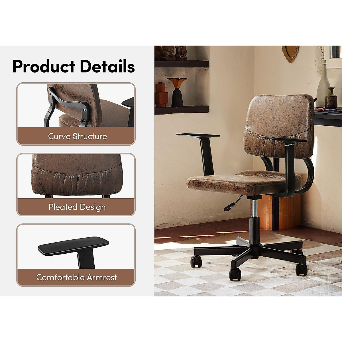 FEZIBO Home Office Desk Chair, Modern Office Chair Mid Back, Swivel Rolling Chair with Wheels, Height Adjustable Computer Tsak Chair, Brown