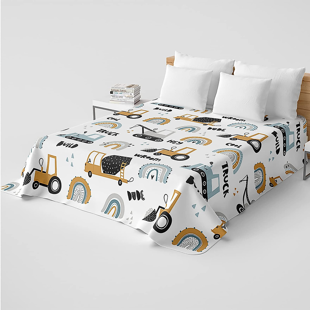 BailiPromise Cartoon Excavator Sheet Set for Kids Boys Teens Truck Construction Bedding Set Full Size Rainbow Construction Vehicle Bed Sheets Under Construction Fitted Sheet & Flat Sheet 4 Piece