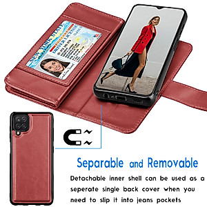 Tekcoo Luxury PU Leather Case, Galaxy A12 5G Flip Wallet Case, Detachable Magnetic Hard Case, Kickstand, Wine Red