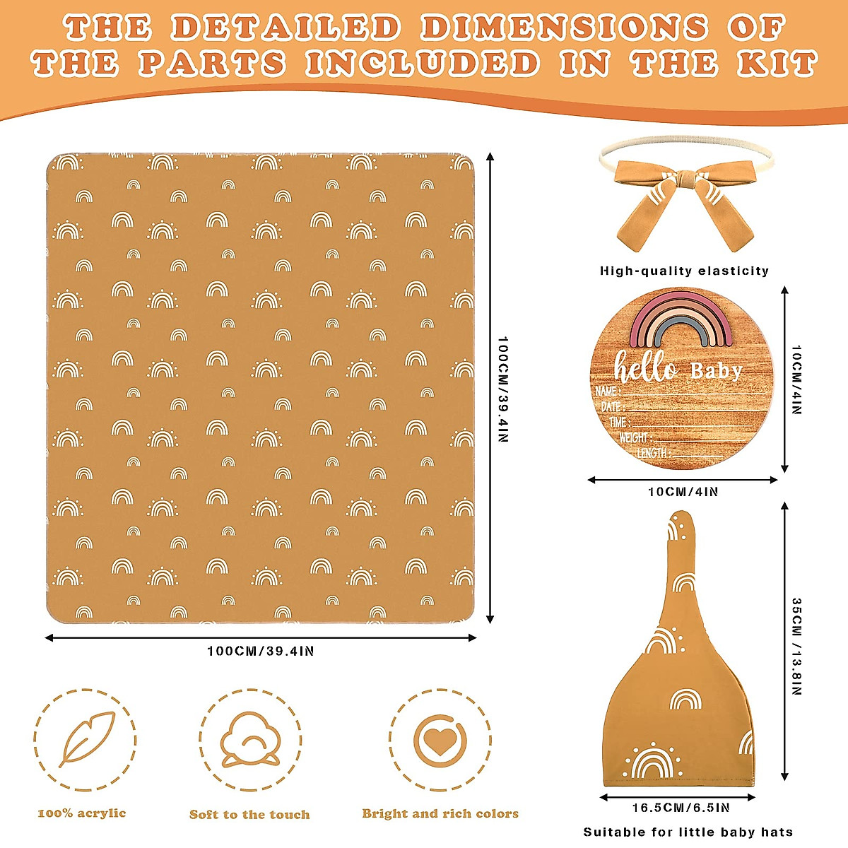 4 Pieces Light Yellow Rainbow Baby Swaddle Set Muslin Baby Swaddle Blanket Matching Hat Bow Headband Wooden Birth Announcement Card for Hospital Newborn Boy Girl 0-3 Months Receiving (40 x 40 Inch)