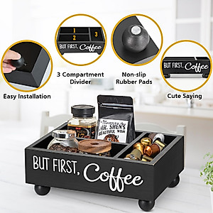 MEMOORIAL Wooden Coffee Station Organizer with 4 Round Legs, Coffee Bar Accessories Organizer for Countertop, Coffee Pods Holder Basket, Coffee Tea Bag Cup Lid Storage Box for Coffee Lover, Black…