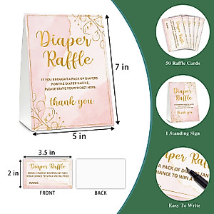 Gihyan Diaper Raffle Baby Shower Game Set(1 Standing Sign + 50 Guessing Cards), Watercolor Pink Diaper Raffle Tickets for Baby Shower, Gold Foil Baby Shower Party Favor Decor - A02