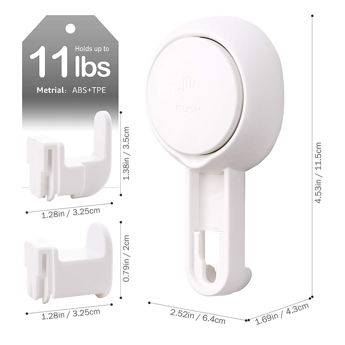 LEVERLOC Suction Cup Hooks Pack of 4 No Drilling & Removable 1 Second Installation White Wall Hooks Heavy Duty Suction Cup Hooks Max Hold 11lbs Hooks with Suction Cup for Bathroom/Kitchen/Hotel