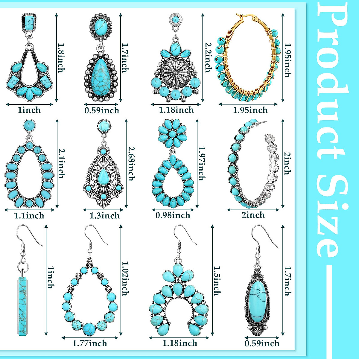 Trnayi 12 Pairs Turquoise Earring Set Turquoise Bohemian Dangle Stud Earrings Turquoise Round Metal Earrings Boho Vintage Oval Earring Metal Earring for Women(Fresh Style)