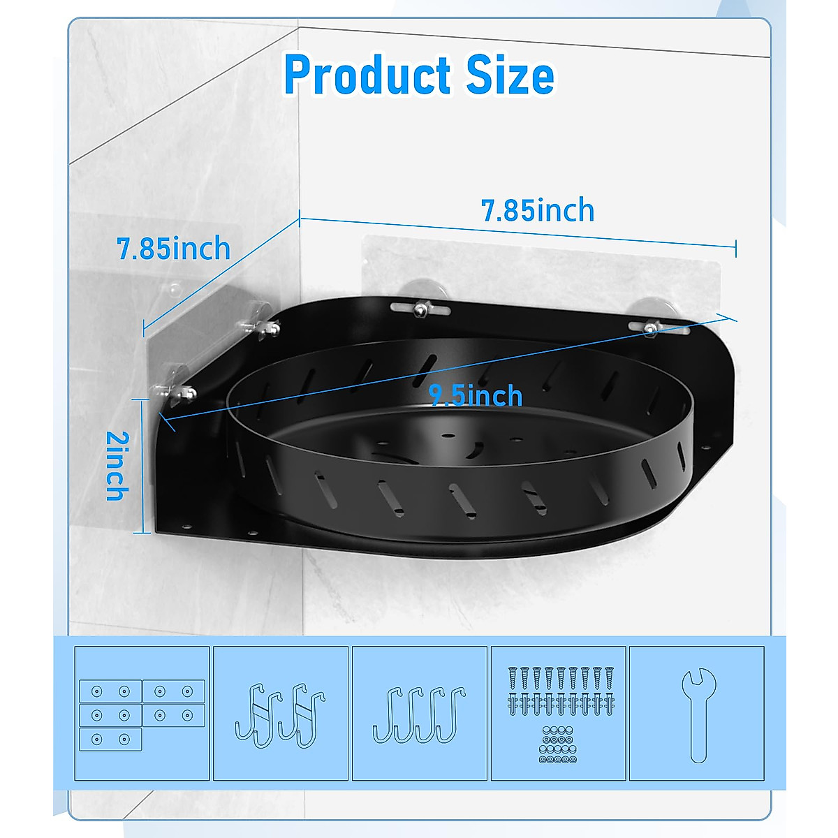 360°Rotating Corner Shower Caddy Shelf With 6 Hooks,2PACK Bathroom Lazy Susan Shower Organizer Corner with 5Pcs Adhesive,Stainless Steel Shower Racks for Inside Shower for Home Apartment Decor(Black）