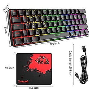60% True Mechanical Gaming Keyboard Ultra-compact with 20 Rainbow Backlit Type C Wired Programmable 62 Keys Tactile Blue Switch Waterproof Non-Conflict and Gaming Mouse Pad  for PC/Laptop/PS5（Black)