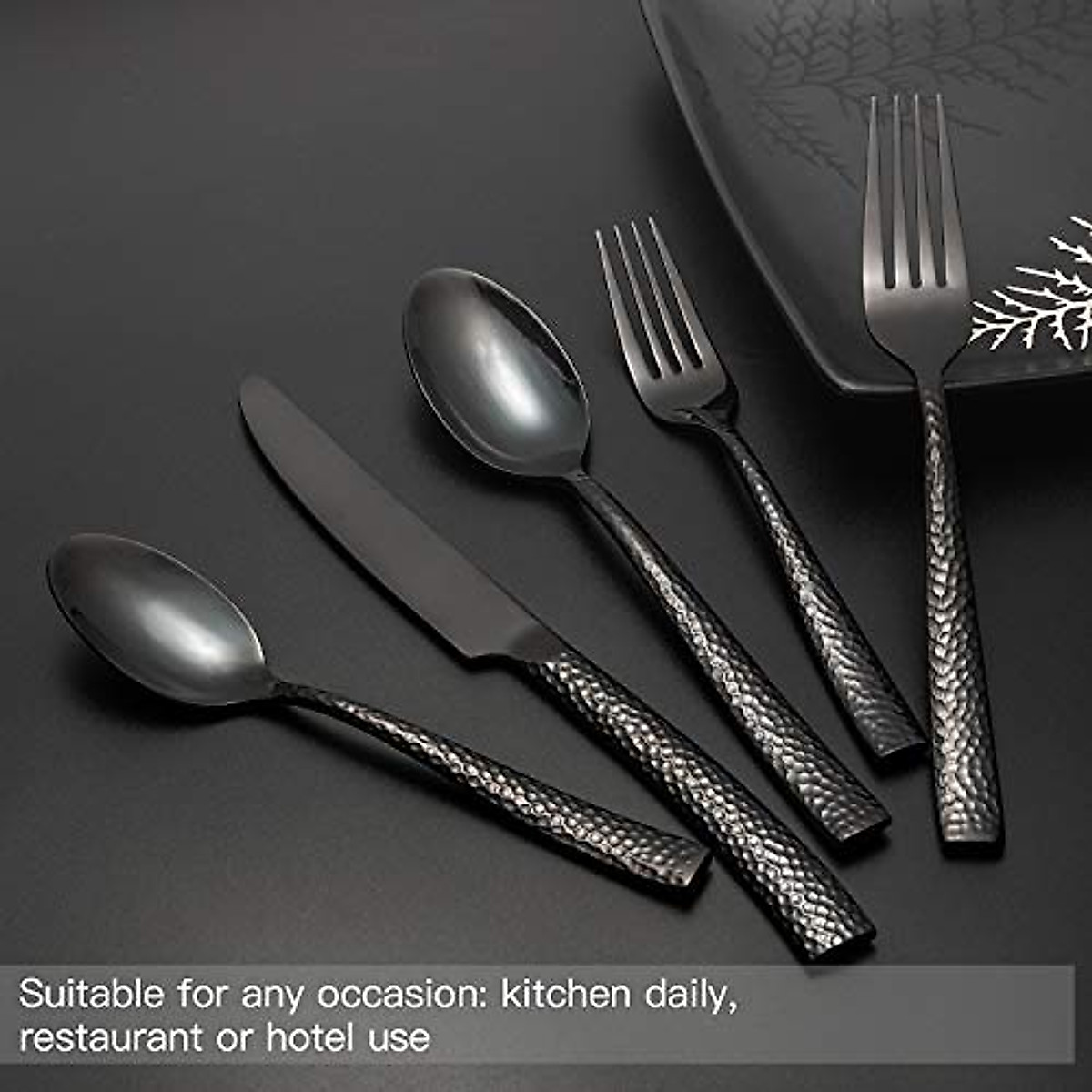 Kelenfer Flatware Set 20 Piece Black Stainless Steel Cutlery Set Forged with Hammered Handle Service for 4