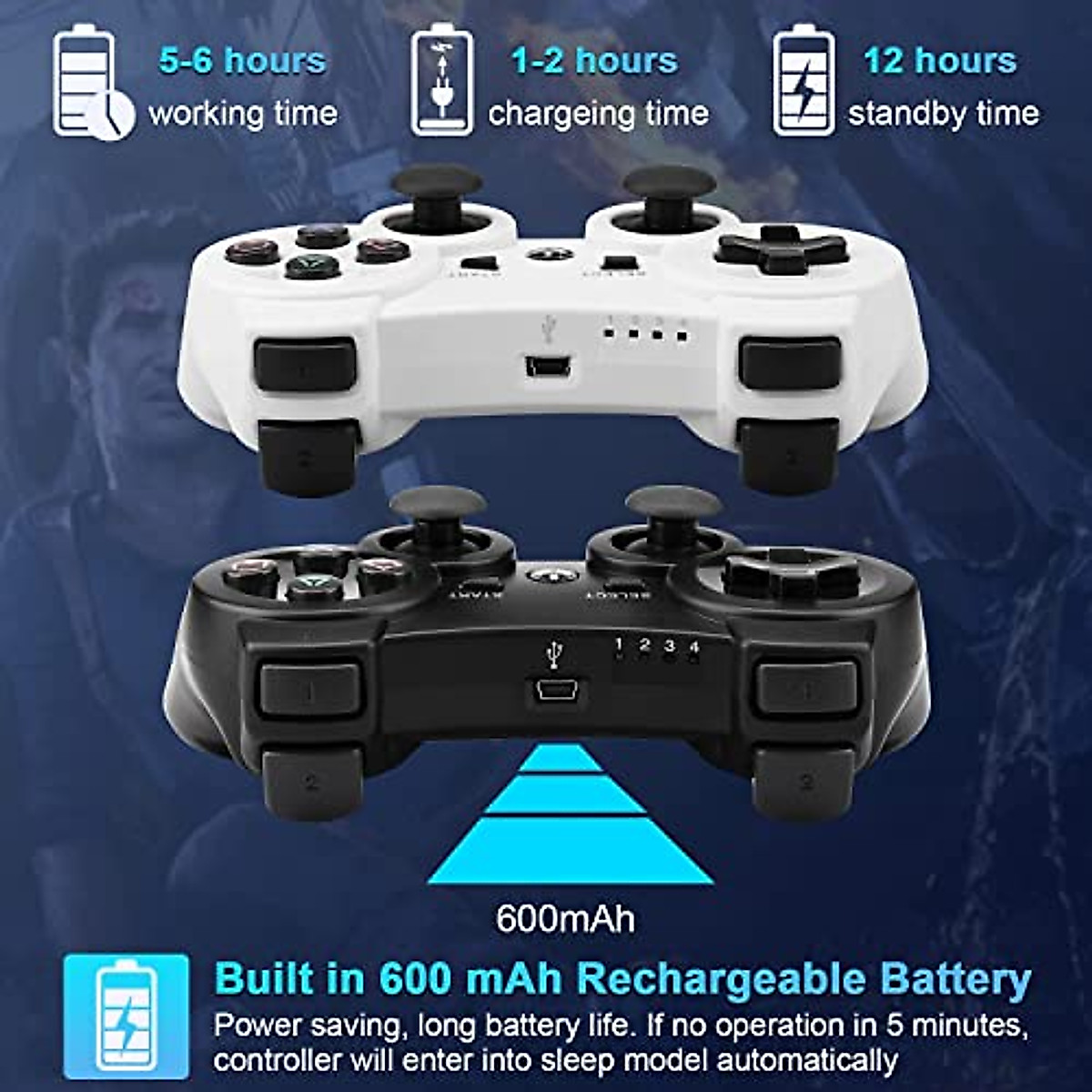 YU33 2 Pack Wireless Controller Works for PS3 Controller, Control for Playstation 3 Controller Wireless, Remote/Mando/Controles de pa3 with Charging Cable, 2023, New Black and White