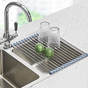 Seropy Roll Up Dish Drying Rack, Over The Sink Dish Drying Rack Kitchen Rolling Dish Drainer, Foldable Sink Rack Mat Stainless Steel Wire Dish Drying Rack for Kitchen Sink Counter (17.5''x11.8'')