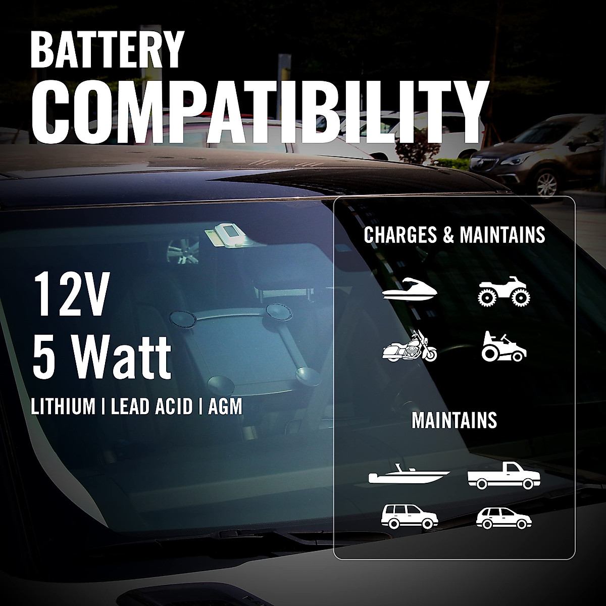 Battery Tender 5 Watt Solar Panel 12V Battery Charger with Charge Controller - IP67 Weatherproof - Windshield or Handlebar Mountable - Included Ring Terminal Cable or OBD II Connector - 021-1172