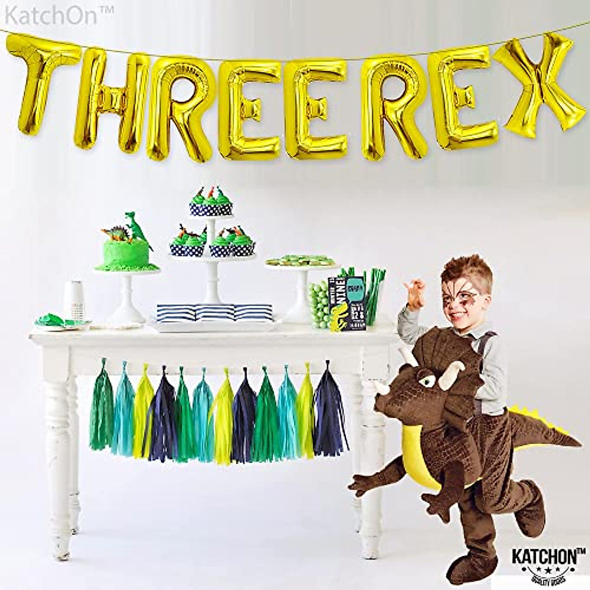 KatchOn, Huge Gold Three Rex Balloons - 16 Inch | Gold Three Rex Birthday Party Decorations | 3 Rex Birthday Decorations Boys | Three Rex Birthday Decorations Boys | Dinosaur Birthday Decorations
