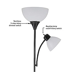 Globe Electric 67135 72" Torchiere Floor Lamp + Adjustable Reading Light, Matte Black, Frosted Plastic Shade, 3-Step Rotary Switch on Floor Lamp Socket, Home Improvement, Home Office Accessories