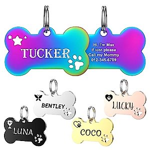 Dog Tags Engraved for Pets - YEHANTI Personalized Dog Tags with Lovely Icons, Durable Stainless Steel Pet ID Tags for Small Large Dogs Cats, Custom Dog Name Tags Engraved on Both Sides (Bone)