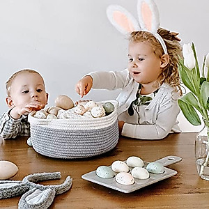 Goodpick Small Woven Basket Cute Gray Rope Basket Cotton Basket Baby Room Storage Basket Dog Toy Basket with Handles Empty Gift Basket for Shelf 12"x 8" x 5" Easter Basket Oval Candy Color Design
