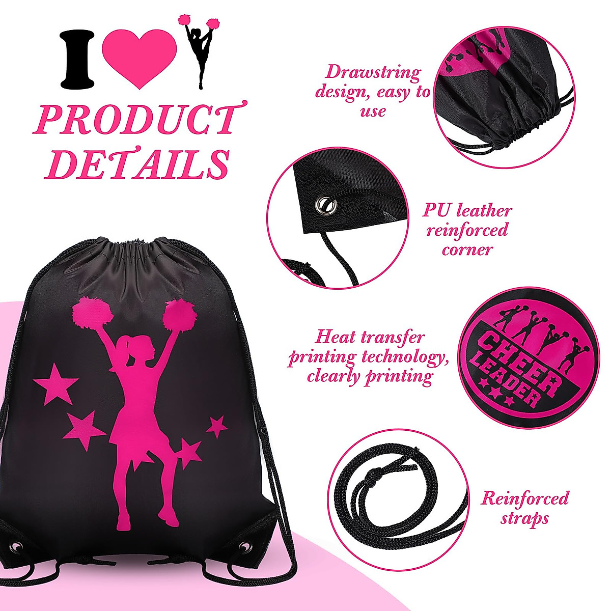 Paterr 12 Pcs Cheer Drawstring Backpack Cheerleaders Drawstring Gym String Bag Sports Gifts for Women Men(Pink, 11.8 x 10 Inch)