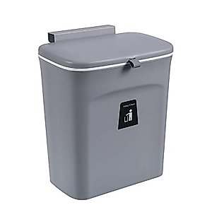 CXLE 2.4 Gal Hanging Trash Can for Kitchen Cabinet Door with Lid, Wall Mounted Plastic Small Trash Can Under Sink Garbage Can for Kitchen Bathroom Toilet Bedroom Living Room(Grey)