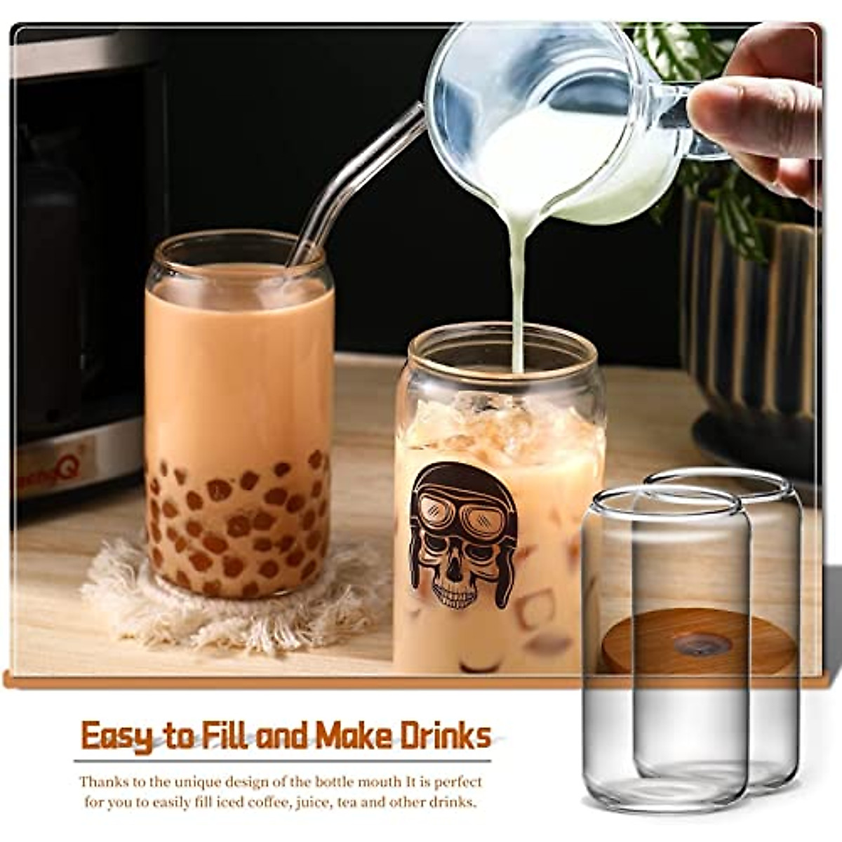 DWTS DANWEITESI Glass Cups with Lids and Straws 6pcs,16oz Glass Iced Coffee Cups with Lids- Glass Coffee Cups,Drinking Glasses with Bamboo Lids