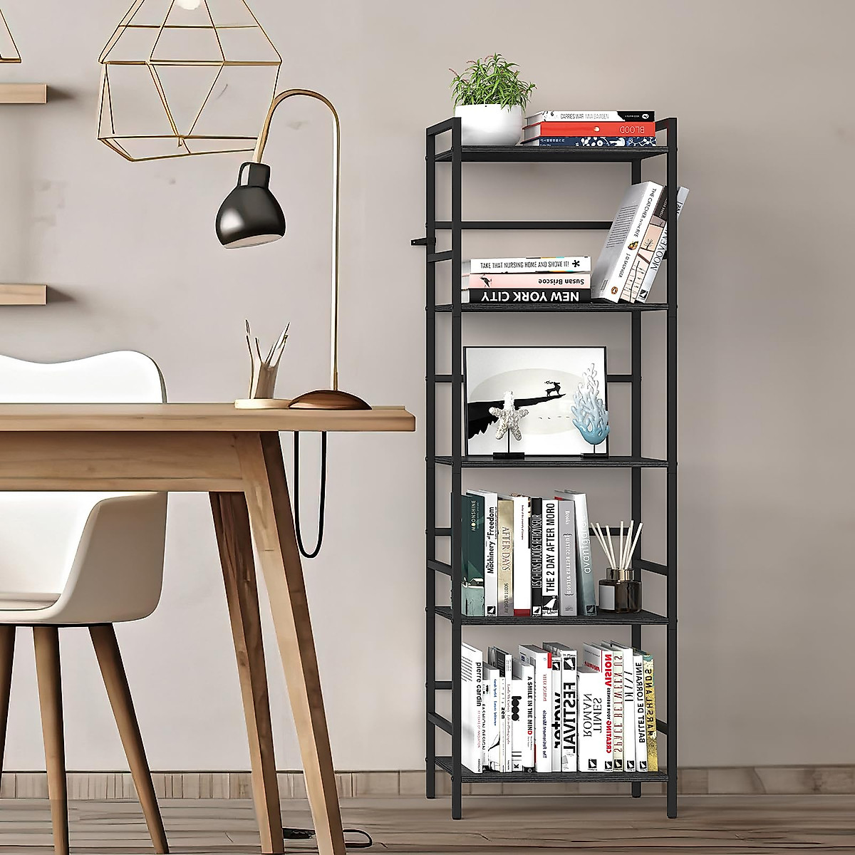 CADUKE Black Tall Bookcase 5 Tier Book Shelf for Bedroom Industrial Bookshelf with Storage Book Shelves for Kids Room Standing Office Bookshelves and Bookcases for Bedroom Living Room
