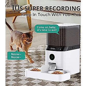 Automatic Cat Feeders with Camera,1080P HD Night Vision 2.4G WiFi 5L Pet Feeder,Height Adjustable Dog Dry Food Dispenser,Two Way Splitter & Three Stainless Bowls,10s Meal Call & Interaction (White)